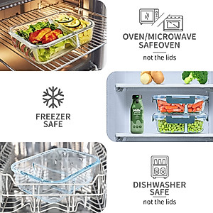 KOMUEE 10 Packs 30 oz Glass Meal Prep Continers Set with 1 & 2 Compartments, Glass Food Storage Containers with Lids, Freezer, Oven and Microwave Friendly