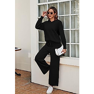 Pink Queen Women's 2 Piece Sweater Outfits Set Pullover Hoodie Top Wide Leg Pants Knit Sweatsuit Lounge Sets Black L