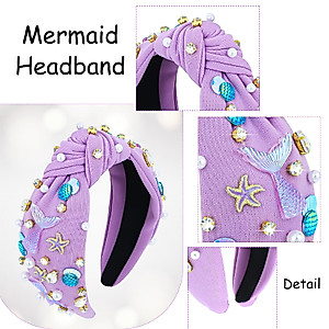Jaciya Pearl Headband for Girls Rhinestone Headband for Women Wide Knotted Purple Headband for Women Starfish Head Band Mermaid Birthday Party Decorations