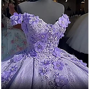 DKBridal Women‘s 3D Flowers Quinceanera Dresses Glittery Tulle Off The Shoulder Sweet 16 Dresses Royal Blue 24