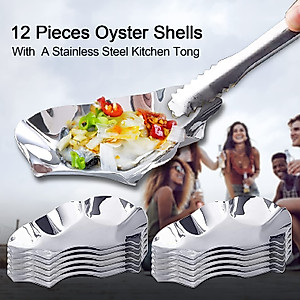 Linoone Reusable Stainless Steel Grilled Oyster Shells, Set of 12, Great for Make Oysters/Baked Clams/Scallop/Seafood of All Kind, Silver（Stainless Steel Kitchen Tongs） (Set of 12)