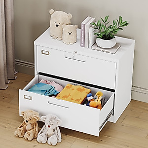 MIIIKO Lateral File Cabinet 2 Drawer with Lock, White Filing Cabinet Home Office, Large Deep Drawers Locked by Keys, for Hanging Folders Files Letter/Legal/F4/A4 Size