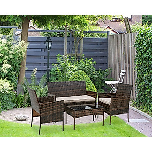 Patio Furniture 4 Pieces Outdoor Indoor Use Rattan Chairs Wicker Conversation Sets for Backyard Lawn Porch Garden Balcony,Brown