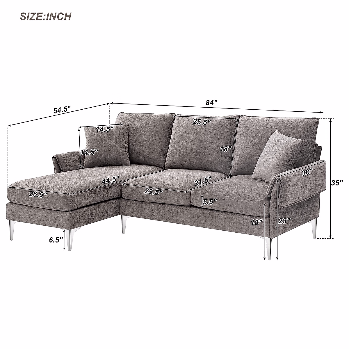FIQHOME 84'' Convertible Sectional, Modern Chenille L-Shaped Sofa Couch with Reversible Chaise Lounge, Fit for Living Room, Apartment(2 Pillows,New,Grey)