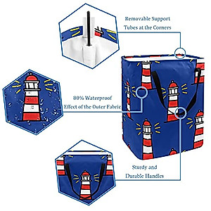 Lighthouse Doodle Pattern Print Collapsible Laundry Hamper, 60L Waterproof Laundry Baskets Washing Bin Clothes Toys Storage for Dorm Bathroom Bedroom