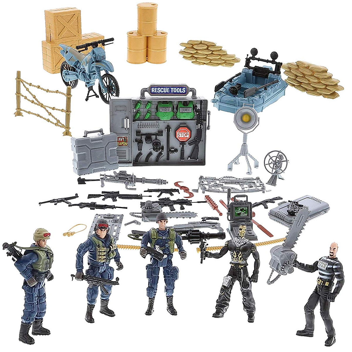 Liberty Imports Police Patrol Special Forces Action Figures Soldiers Vehicles & Accessories - Military Toy Combat Mega Playset in Storage Bucket (75 Pieces)