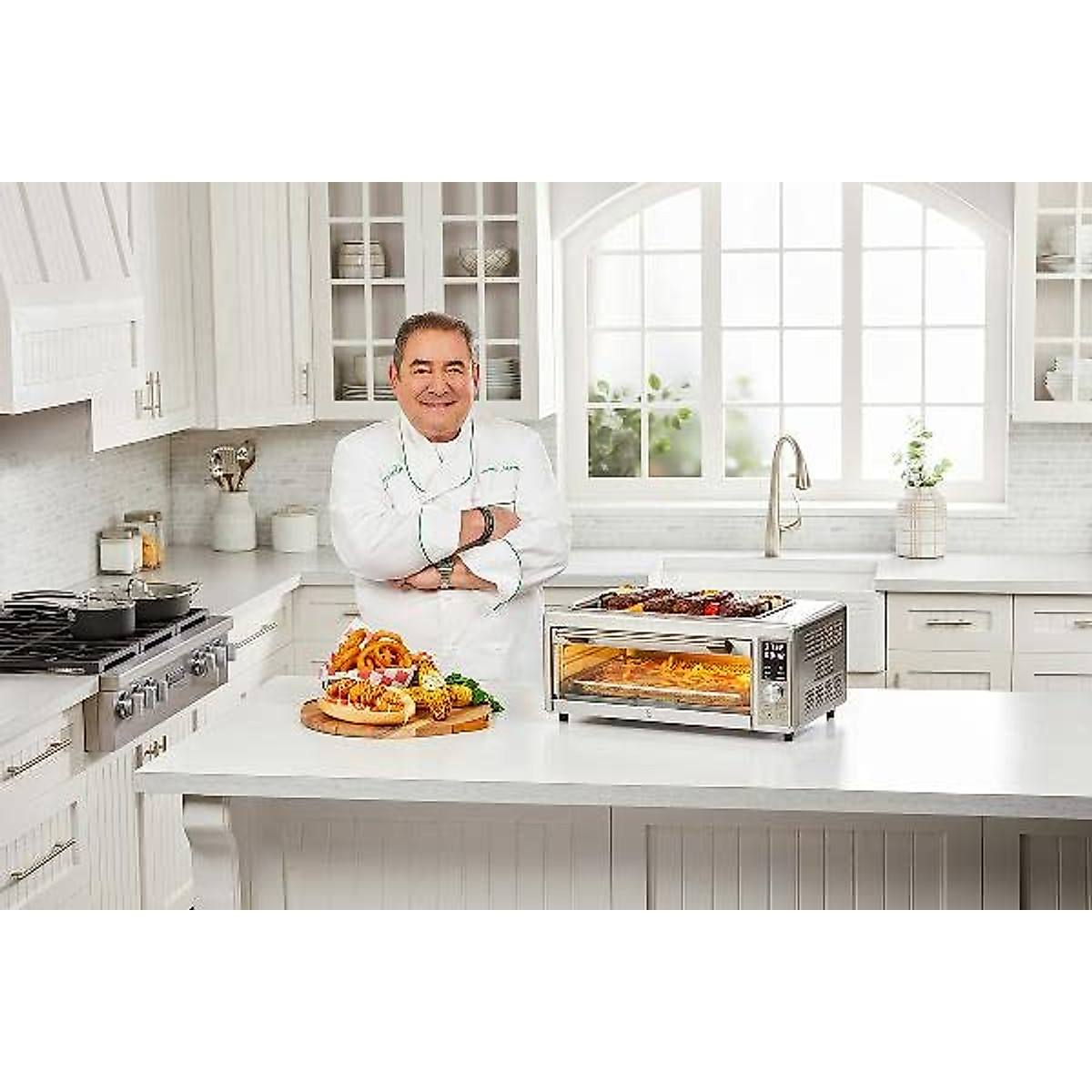 Emeril Power Grill 360, 6-in-1 Countertop Convection Toaster Oven with Top Indoor Grill, Air Fry, Roast, Toast, Bake, Dehydrate, Glass Lid, Stainless Steel