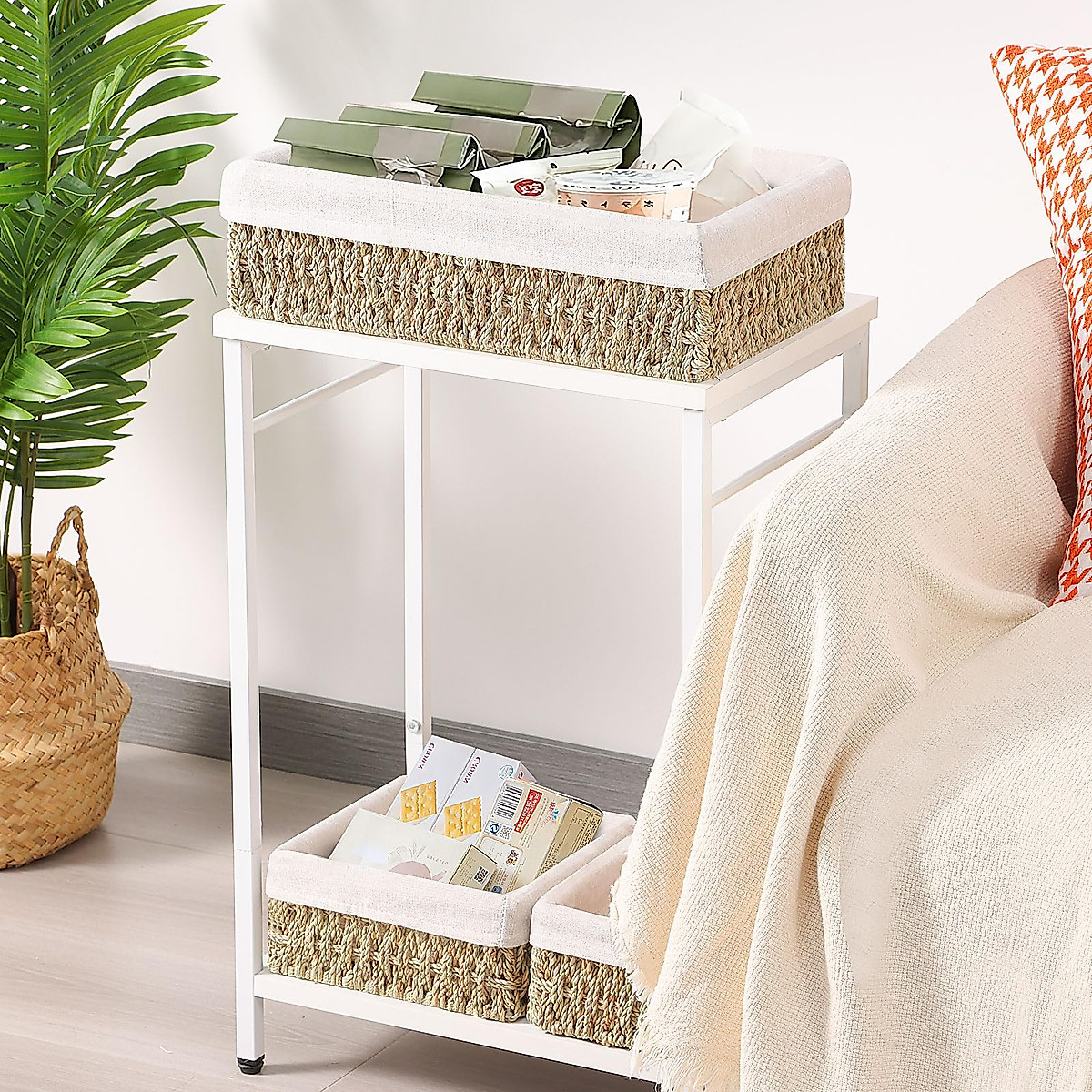 OUTBROS Wicker Storage Basket, Decorative Storage Baskets With Liner for Shelves,Toilet Paper Baskets,Storage Basket for Toilet Tank Top, 3-Pack,Seagrass