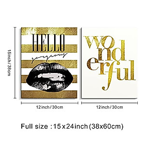 Creoate Fashion Women Wall Art 2 Pieces Lips Picture Canva Print Artwork Framed Set Black Gold Wall Decor for Girls Bedroom (Multi)…