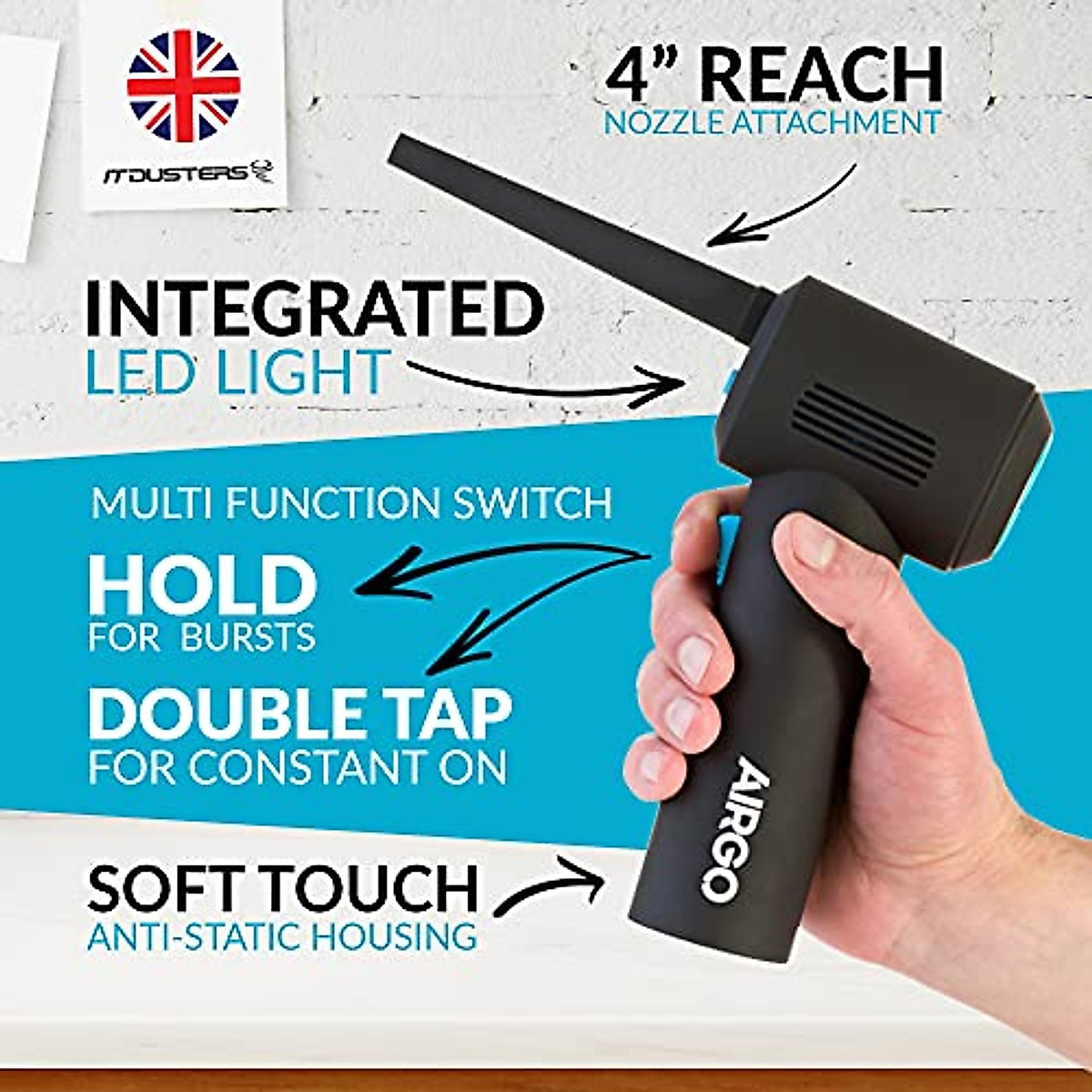 IT Dusters AIRGO Mini Air Duster Cleaner for PC, Laptop, Console, Electronics and Home Cleaning, Cordless and Rechargeable, An Environmental Alternative to Spray Air Can Duster Keyboard Cleaner, Black