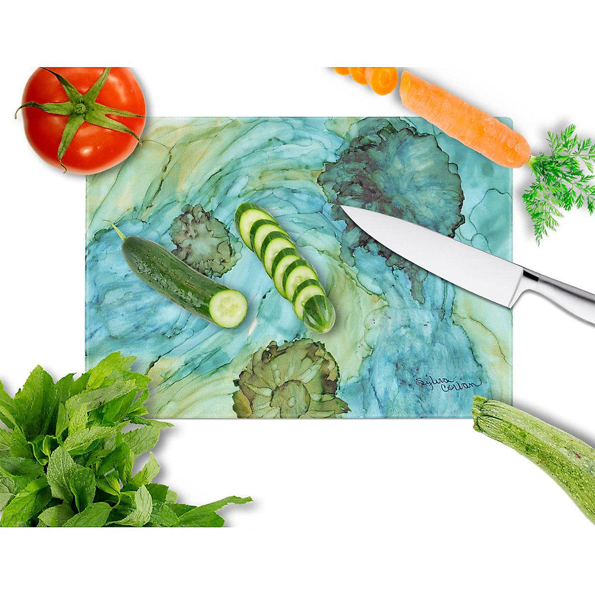 Caroline's Treasures 8952LCB Abstract in Teal Flowers Glass Cutting Board Large Decorative Tempered Glass Kitchen Cutting and Serving Board Large Size Chopping Board