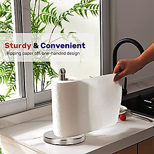 Heavy Weighted Paper Towel Holder, Easy One-Handed Design for Kitchen Stand Paper Towel Dispenser, Sturdy Base for Standard Paper Towel Rolls and Mega Paper Towel Roll (Brushed - Stainless Steel Base)