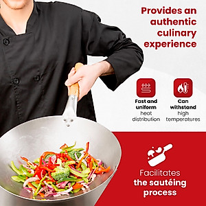 14-inch Fire Wok – Hand Hammered Carbon Steel Wok Pot – Pre-Seasoned Nonstick Round Bottom Wok for Induction, Electric, Gas Stove – Traditional Stir-Fry Pan with Ergonomic Handle With Bonus Ring