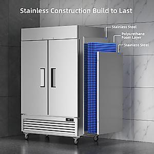 Coolski 54'' W Commercial Refrigerator, Stainless Steel Reach-in Refrigerator with 49 Cu.Ft Capacity/8 Shelves/LED Lighting/33℉~41℉/ETL Approved