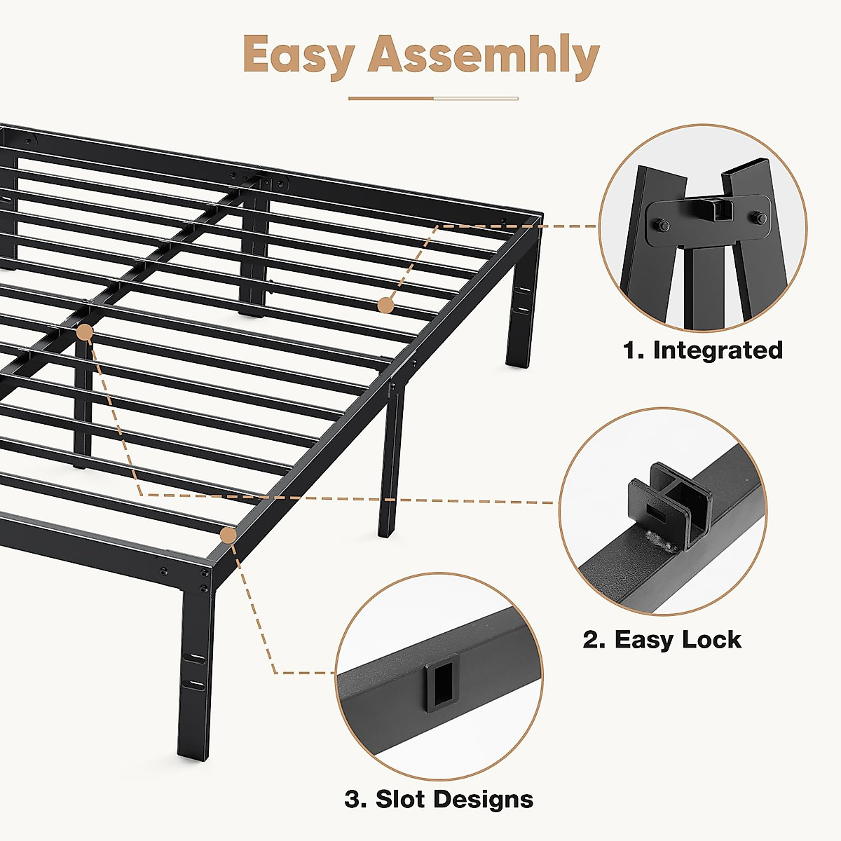 DUMOS Bed Frame - Queen Size Platform Bed Frame Metal Mattress Foundation with Steel Slat Support, No Box Spring Needed, Storage Space Under Frame, Easy Assembly, Black
