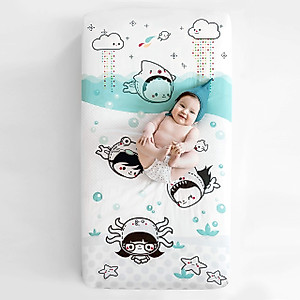 Rookie Humans 100% Organic Cotton Sateen Fitted Crib Sheet: Dive in, Modern Nursery, Use as a Photo Background for Your Baby Pictures. Standard Crib Size (52 x 28 inches)