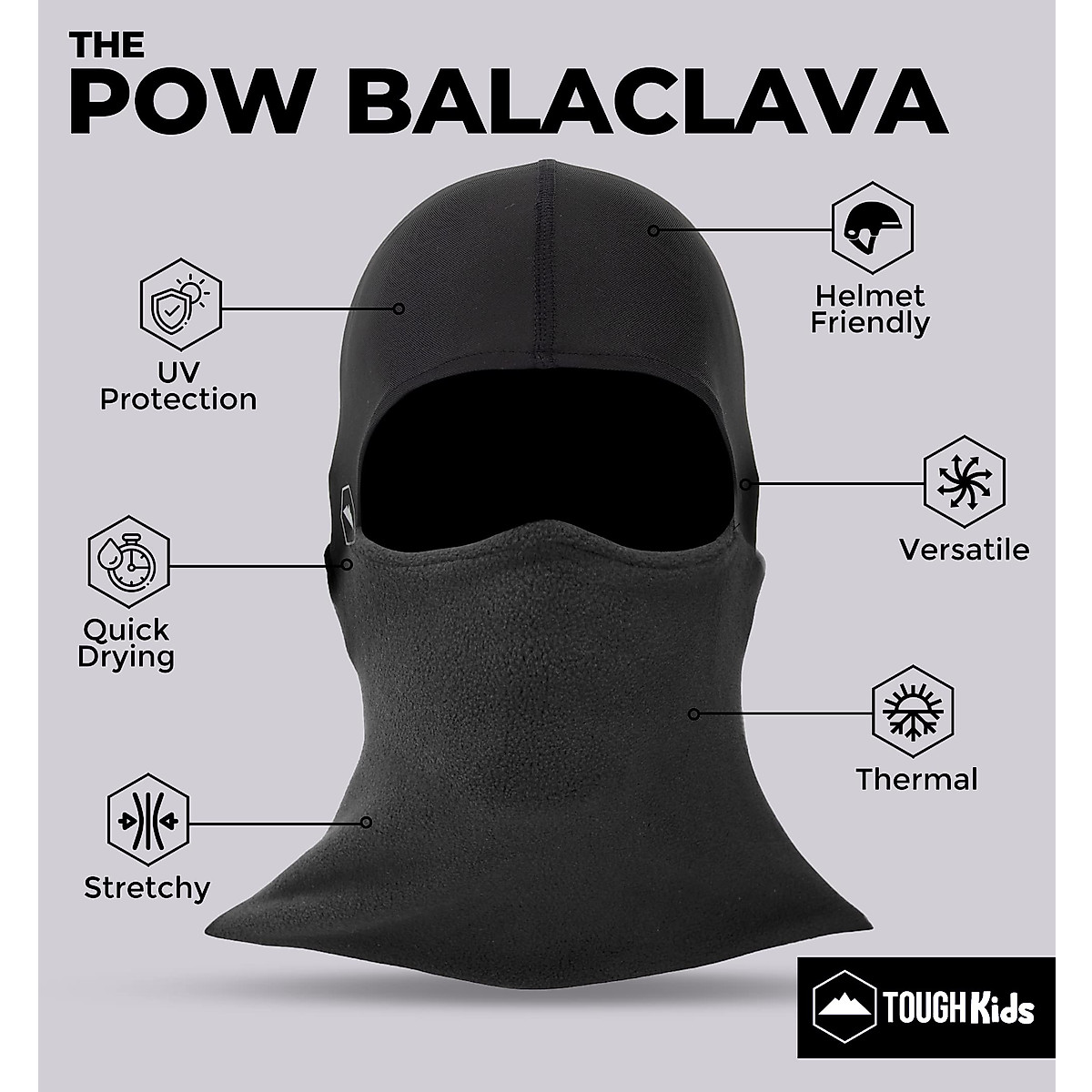 Tough Headwear Ski Mask for Kids - Kids Balaclava, Toddler Neck Warmer, Kids Helmet Liner - Kids Ski Neck Gaiter & Kids Ski Mask Fleece Hood Black