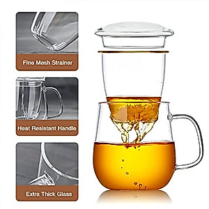 DOPUDO PAVILION Glass Tea Cup with Infuser and Lid, 17.6oz/ 520ml Borosilicate Glass Large Tea Mug with Infuser, Clear Teacup for Loose Leaf Tea, Blooming Tea, Tea Bag