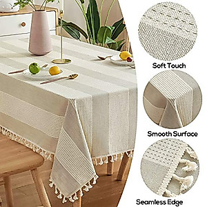 AmHoo Stitching Tassel Tablecloth Striped Table Cloth Rectangle Cotton Linen Dust-Proof Table Cover for Kitchen Dinning 54 x 70 Inch Beige