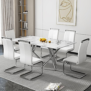 WOXYX Modern Large Simple Rectangular Glass Dining Table for 6-8 People with 0.39-inch White Imitation Marble Desktop and Silver Metal Legs, Black