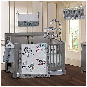 BabyFad Owl Grey White Nursery 9 Piece Baby Crib Bedding Set 100% Cotton
