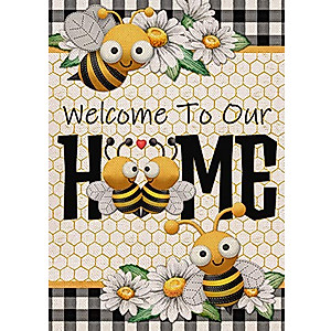 Furiaz Welcome to Our Home Bee Spring Summer Decorative Garden Flag, Daisy Yard Buffalo Plaid Check Home Outside Decorations, Flower Farmhouse Burlap Outdoor Small Decor Double Sided 12×18