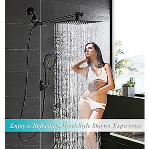 AWAXFOLO 12'' High Pressure Square Shower Head with 6-Function Adjustable Spray Handheld, 13'' Extension Arm, 78'' Hose, Water Temperature Reminder, Matte Black