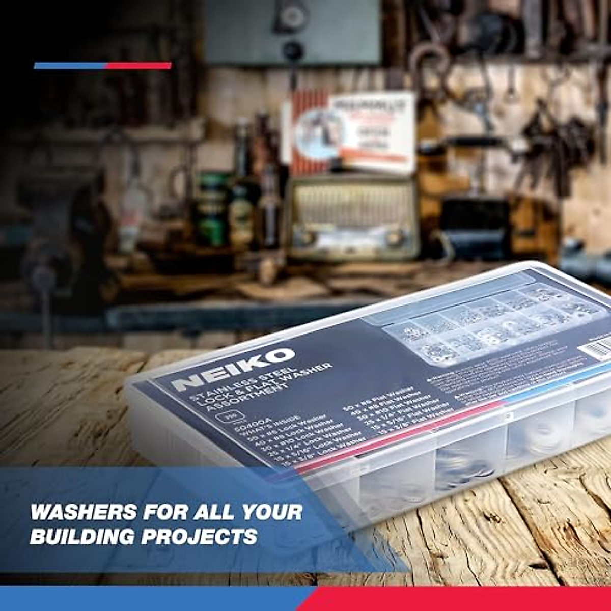 NEIKO 50400A Stainless Steel Lock and Flat Washer Assortment | 350 Piece Set | 12 Different Sizes in Spring Lock and Flat Design | Prevent Loose Fasteners