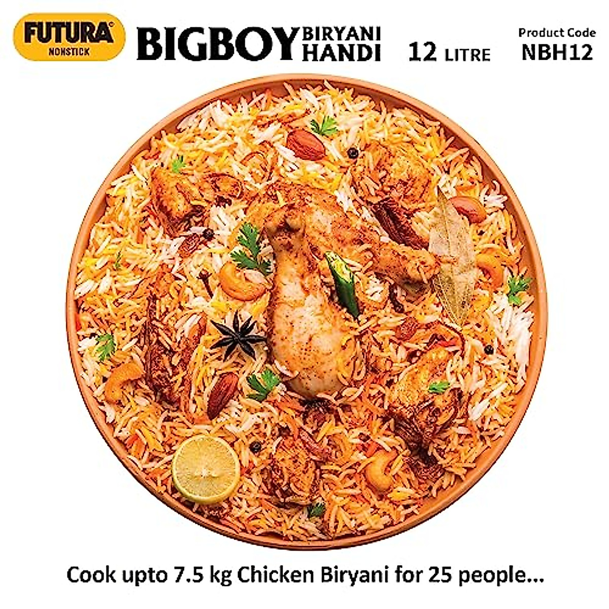 Hawkins Futura 12 Litre BigBoy Biryani Handi, Non Stick Pot with Glass Lid, Sauce Pan for Cooking and Serving Biriyani, Black (NBH12)