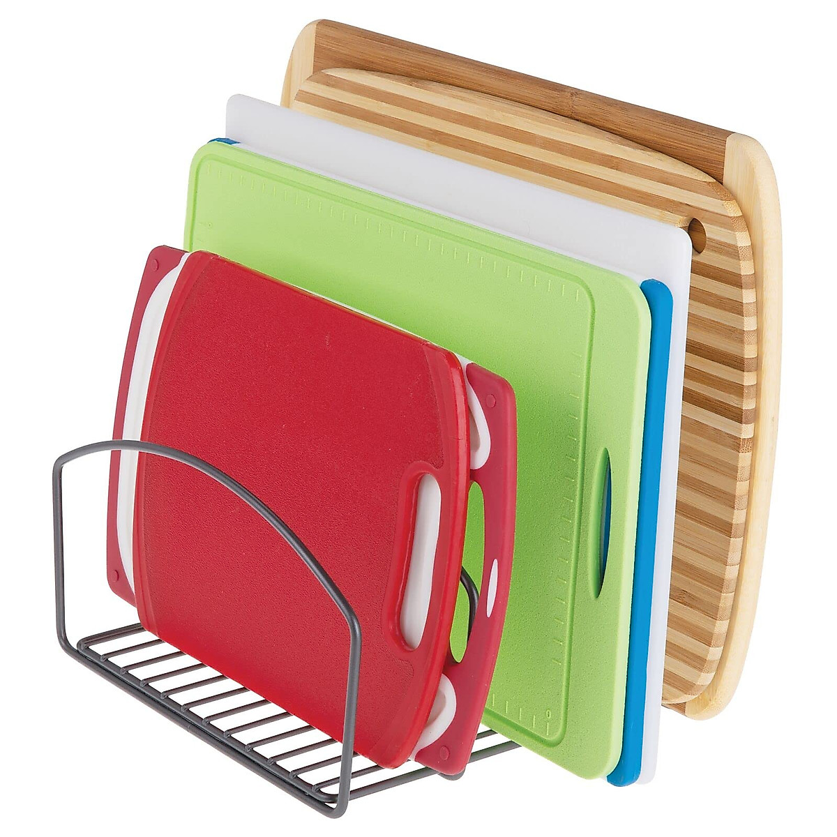 mDesign Steel Cookware Holder, Storage Organizer Rack with Three Slots for Kitchen Cabinet, Pantry, Holds Pans, Pots, Lids, Cookie Sheets, Cutting Boards - Concerto Collection - Graphite Gray