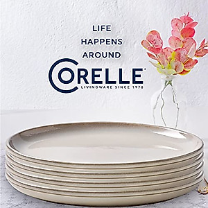 Corelle Stoneware 4-Piece Ceramic 10.5" Dinnerware Plate Set, High Edge Raised Rim Flat Dishes, Modern Rustic Handcrafted Artisanal Double Bead Glaze, Oatmeal