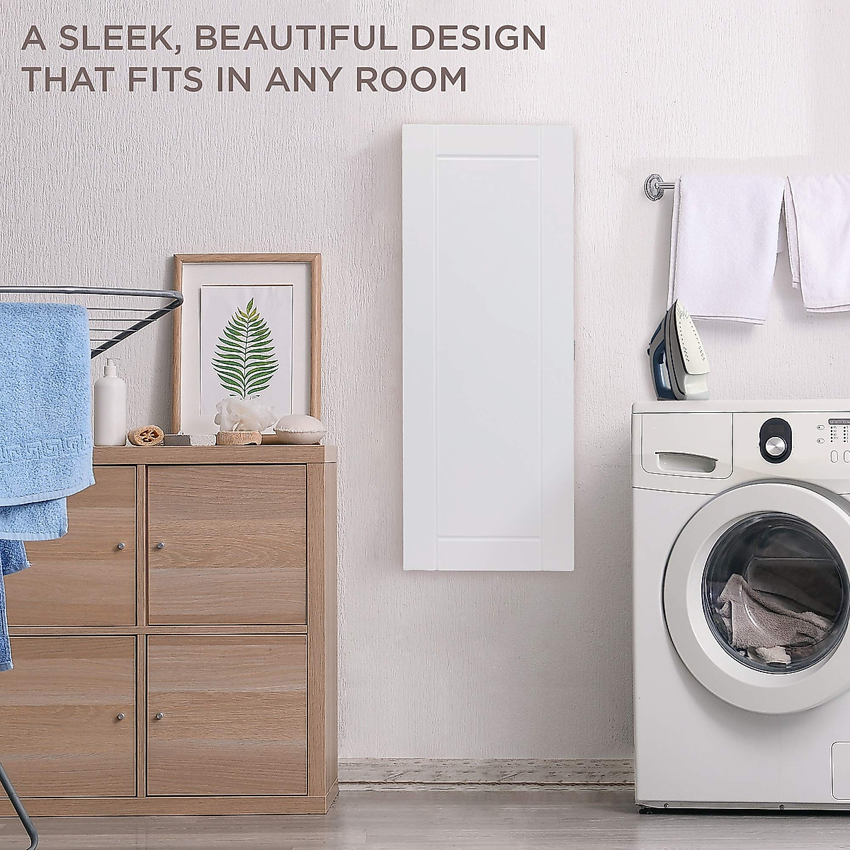 Ivation Wall-Mounted Ironing Board Cabinet, Foldable Ironing Storage Station for Home, Apartment , Easy-Release Lever, Garment Hooks, White