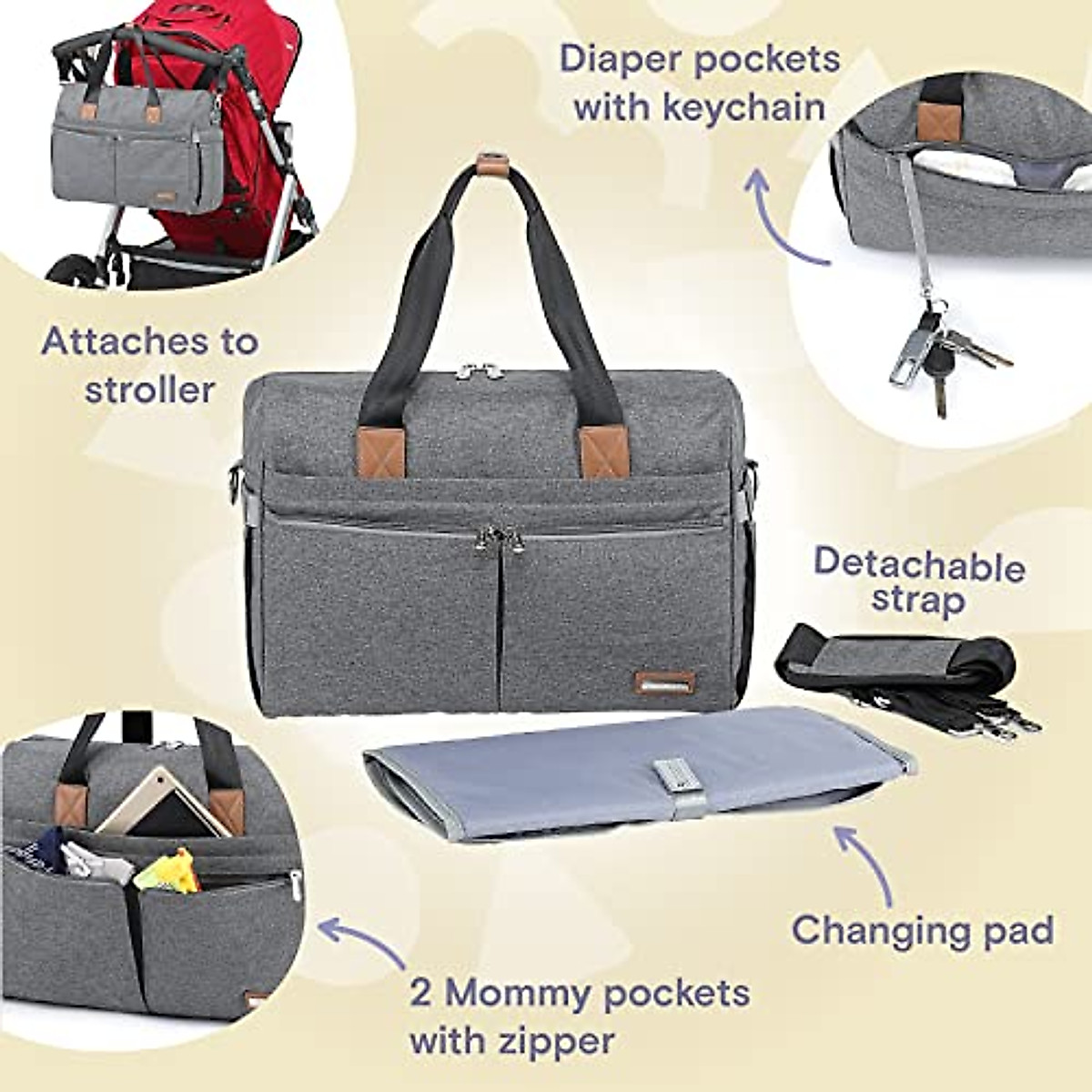 Diaper Bag Tote, RUVALINO Hospital Bags for Labor and Delivery, Multifunction Large Travel Weekender Overnight Bag for Mom and Dad, Convertible Baby Bag for Boy and Girls Gray
