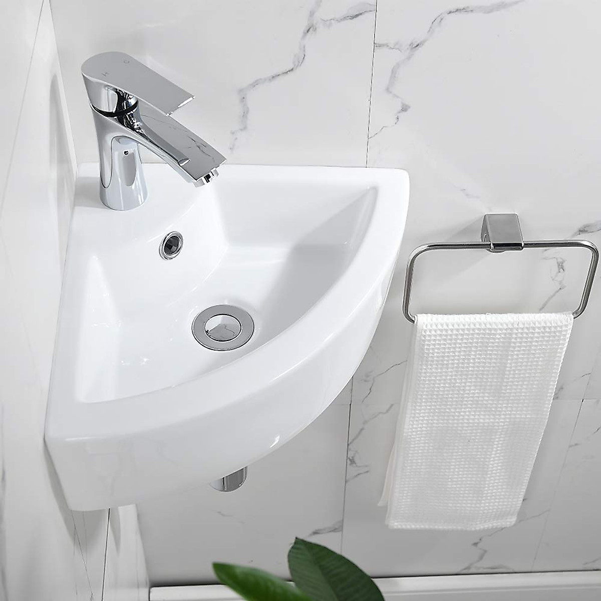 Wall Mount Small Corner Bathroom Sink and Faucet Combo with Overflow Triangle White Porcelain Ceramic Wall Hung Mini Vanity Space Bathroom sink, Faucet and Drain Combo