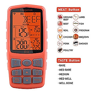 [Upgraded] Regetek Wireless Grill Thermometer BBQ Oven Smoker Thermometer, Remote Digital LCD Cooking Food Meat Thermometer for Stove Kitchen Dual Probe/Clock Timer Alarm/Backlight (500 Feet)