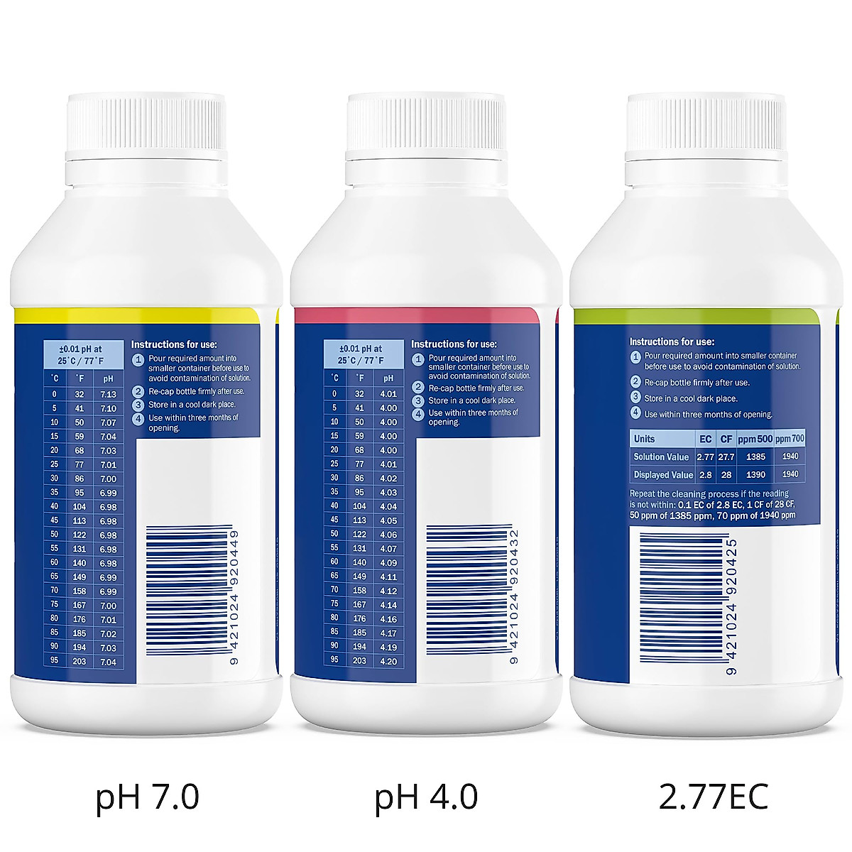 BlueLab 2.77EC Conductivity Solution, PH 7.0, and PH 4.0 Calibration Solution Set 250 Milliliters