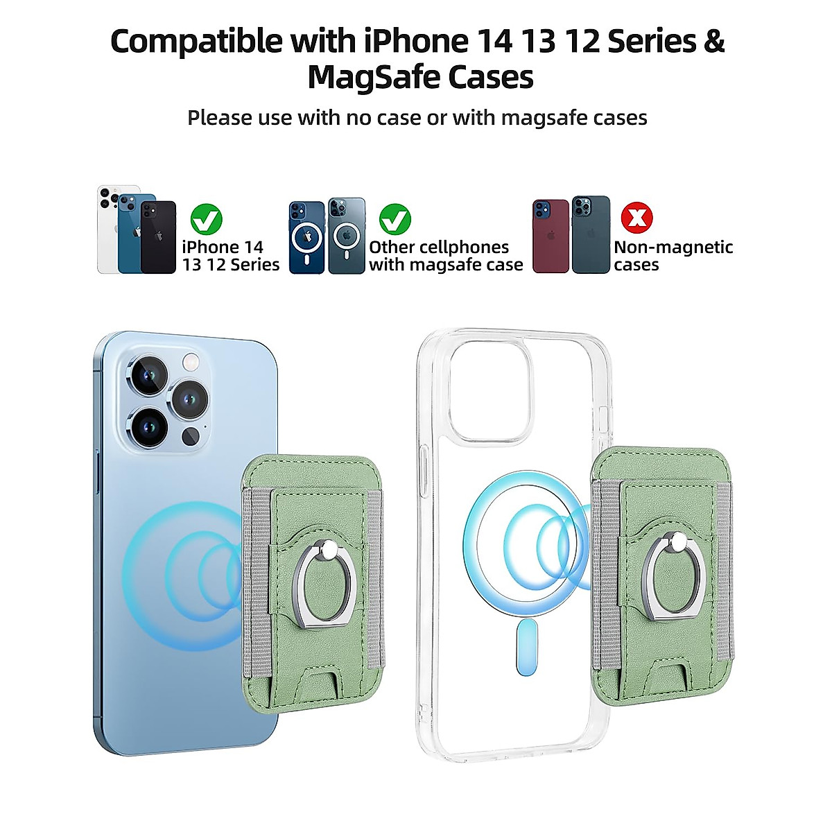 ExtreLife for Magsafe Wallet, Strongest Magnetic Wallet, for iPhone Wallet Magsafe with Ring Grip, Magnetic Card Holder Wallet for iPhone 15/14/13/12 Series, Vegan Leather, Fit 7 Cards, Matcha Green