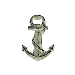 Hampton Nautical Whitewashed Anchor with Nautical Themed Rope Bottle Opener 5" - Vintage Cast Iron Decor