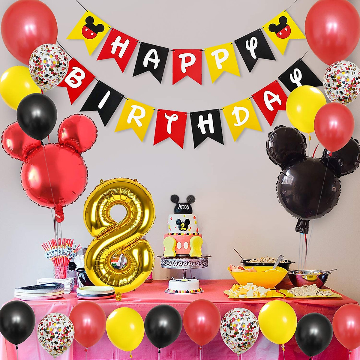 LINGTEER Micky Mouse Happy Birthday Decorations Set - Oh Twodles Gold Banner - 2nd Micky Theme Birthday Balloon Party Decorations.