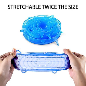 6 Pack Reusable Silicone Stretch Lids, Heat Resistant Various Sizes BPA-free Silicone Bowl Cover Fit Most Containers, Microwave & Dishwasher Use Safe(Blue)