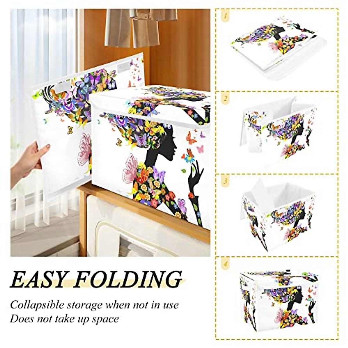 RunningBear Flowers Girl Butterflies Large Storage Bins with Lid Collapsible Storage Bin Storage Organizer Bin Cute Bin for Shelf Closet Nursery Home