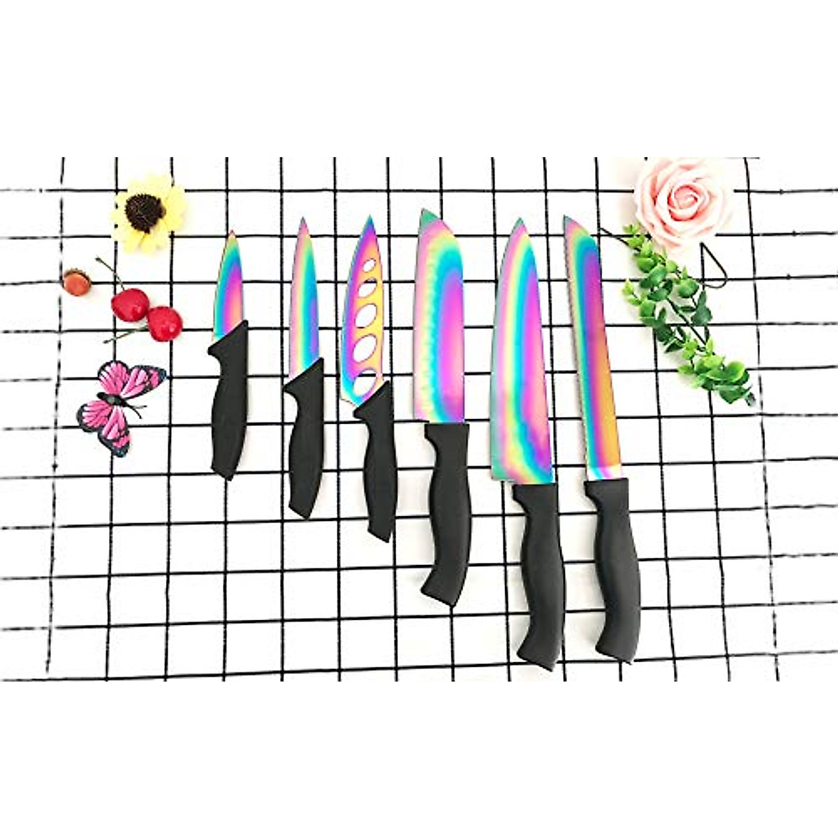 Lightahead 7pcs Premium Rainbow Colored Knife Set, 6 Stainless Steel Kitchen Knives with Chopping Board