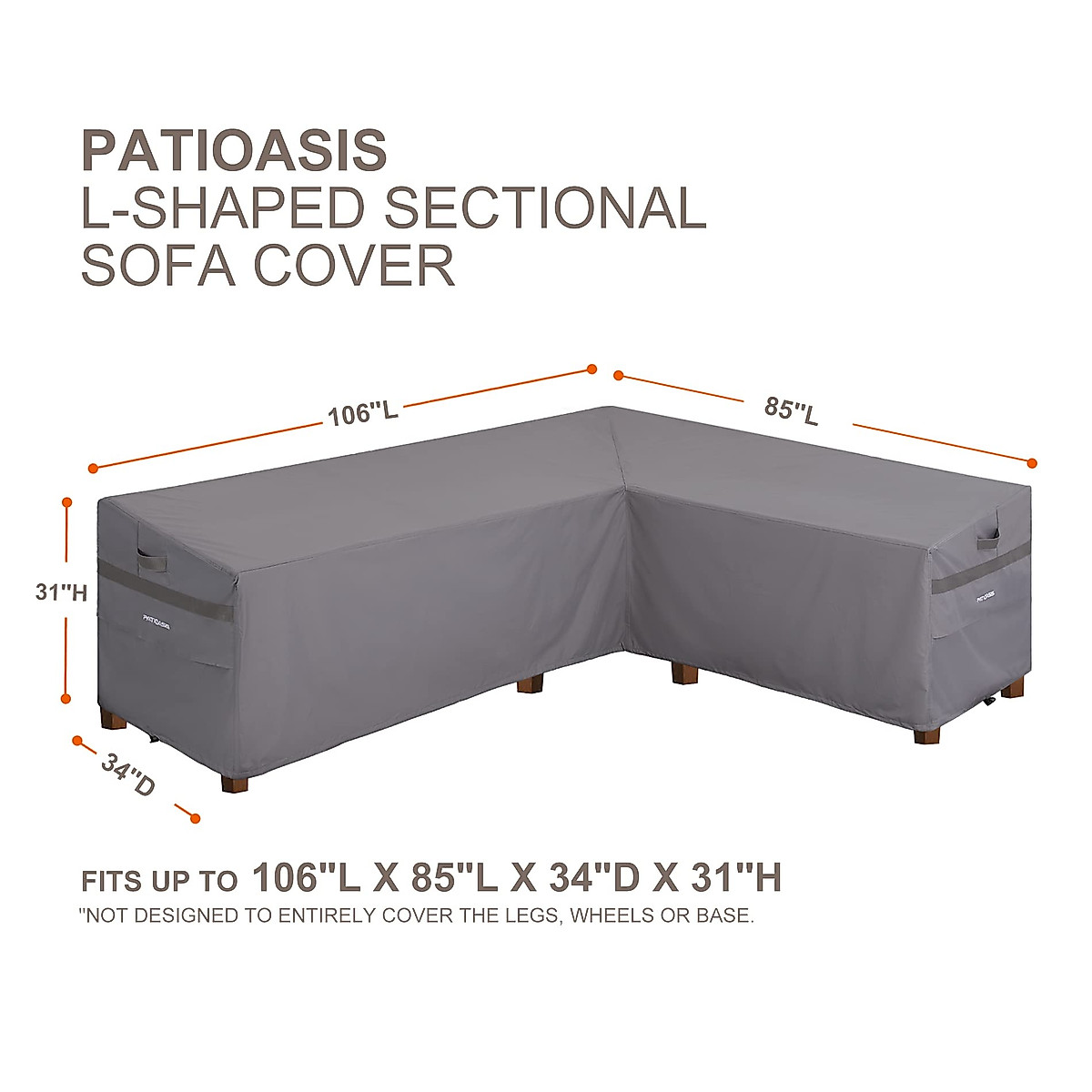 PATIOASIS Sectional Outdoor Furniture Cover Waterproof, Right Facing Patio Deck Lounge Set Sofa Covers Grey L Shaped 106''L x 85''L x 34''D x 31''/26''H