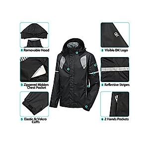 Little Donkey Andy Men's Waterproof Running Cycling Rain Jacket Reflective Raincoats Packable Windbreaker Removable Hood Black S