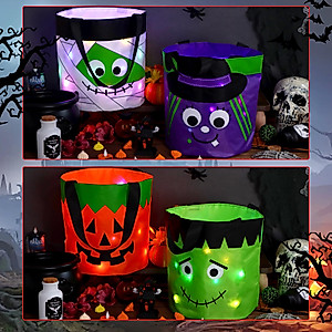 Hutuzldz Halloween Trick or Treat Candy Bags LED Light Up Pumpkin Bucket, Collapsible Reusable Candy Basket, Fabric Tote Gift Goody Bags for Kids Halloween Party (Orange)