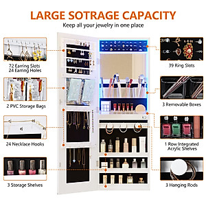 Vlsrka Jewelry Mirror Cabinet with LED Lights, Wall Mounted/Door Hanging Full-Length Jewelry Mirror, Lockable Storage Cabinet, Built-in Makeup Mirror for Bedroom Cloakroom (White)