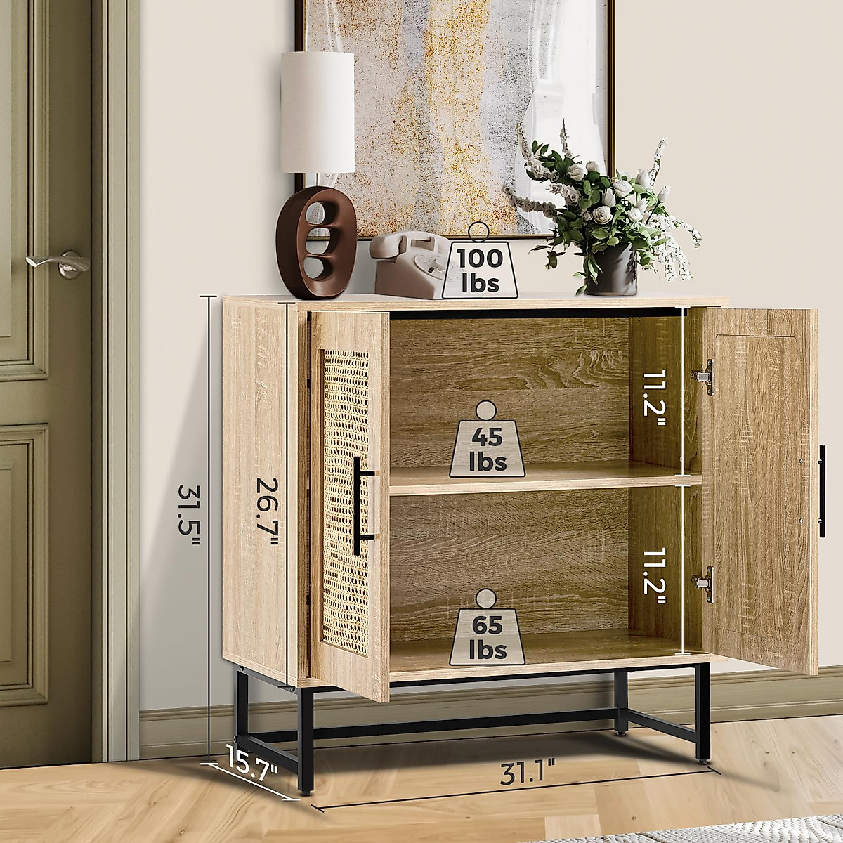 KFO Storage Cabinet with Handmade Natural Rattan Doors, Rattan Buffet Cabinet, Sideboard for Living Room, Hallway, Dining Room, Entryway