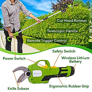 SereneLife Metal 7.2V Lithium-ion Rechargeable Battery Powered Electric Pruning Shears Garden Trimmer-Cordless Branch Cutter Pole Pruner w/Telescopic Handle PSPR190