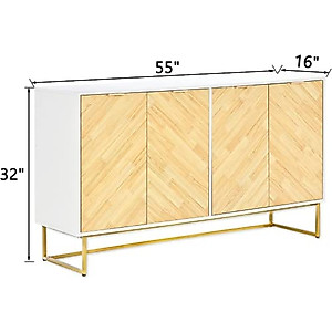 White Buffet Cabinet with Storage, 55’’ Kitchen Buffet Storage Cabinet with 4 Doors, White Sideboards and Buffets, Modern Sideboards Storage Cabinet with Gold Metal Legs, Credenzas for Living Room
