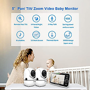 HelloBaby 5’’ Baby Monitor with 26-Hour Battery, 2 Cameras Pan-Tilt-Zoom, 1000ft Range Video Audio Baby Monitor No WiFi, VOX, Night Vision, 2-Way Talk, 8 Languages and Baby Registry Search